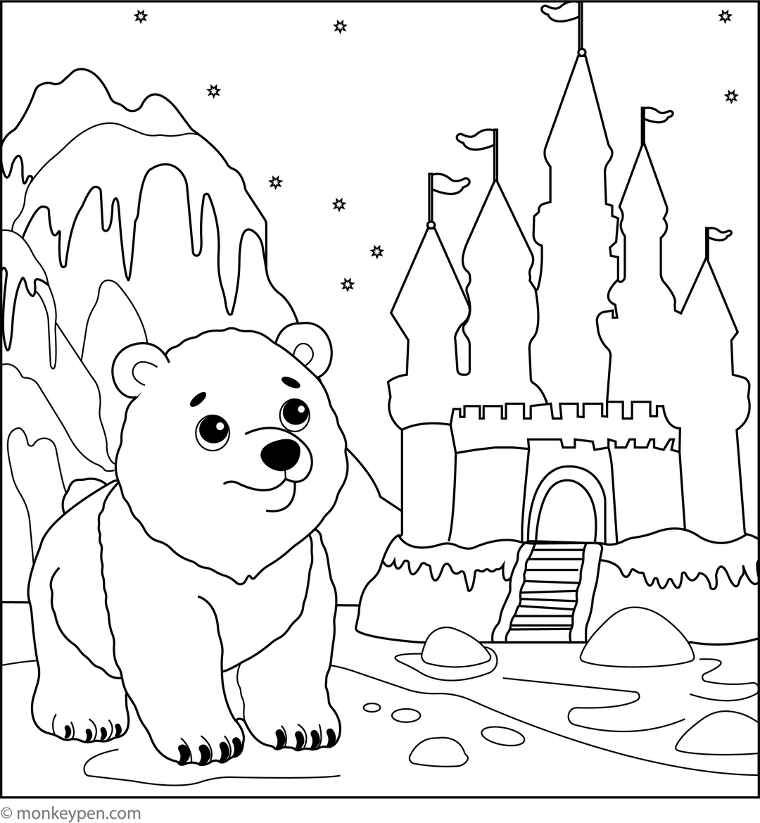 Polar Bear and Ice Castle Coloring Page – Fun Winter Activity for Kids