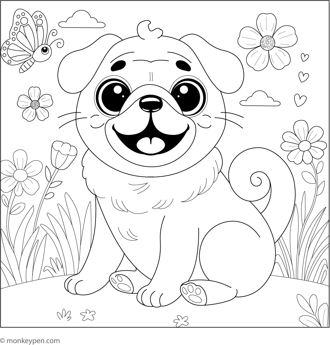 Smiling Pug Coloring Page – Free Printable for Kids