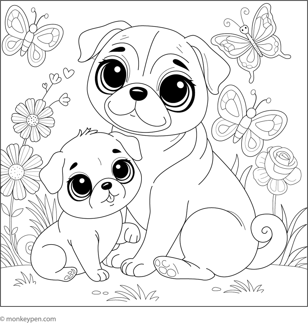 Mother and Baby Pug - Printable Coloring Page PDF