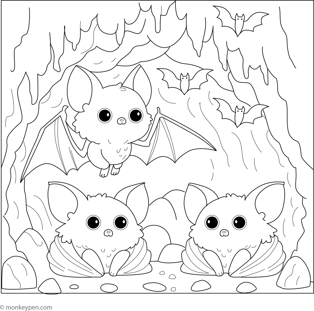 Bat Family In A Cave Coloring Page