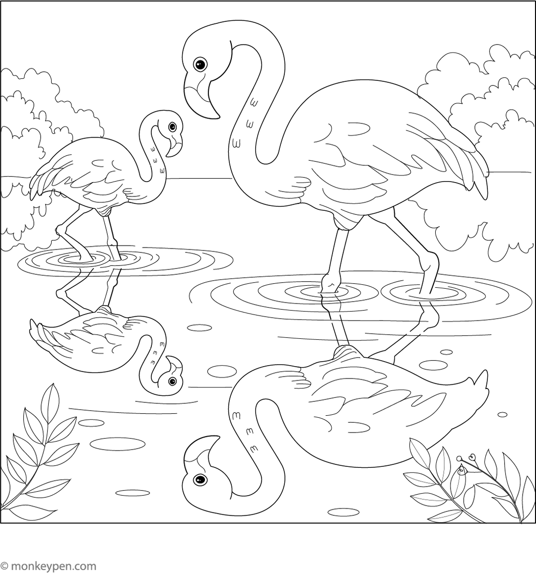 Flamingo And Its Reflection Coloring Page