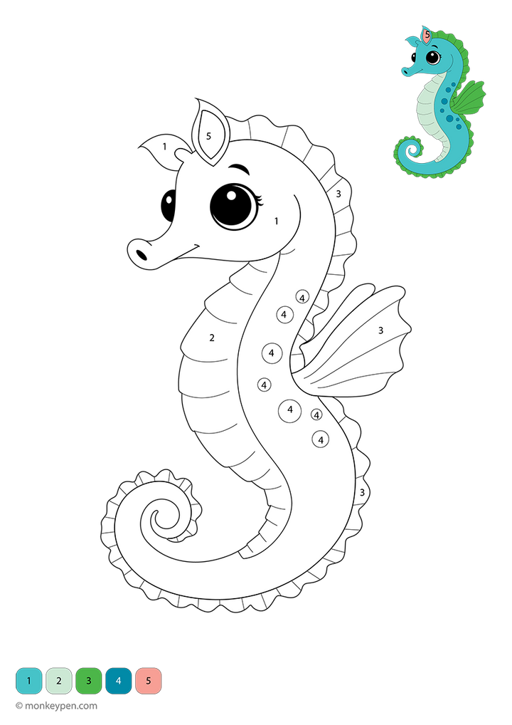 Seahorse Color by Number – Free Colouring Pages For Children