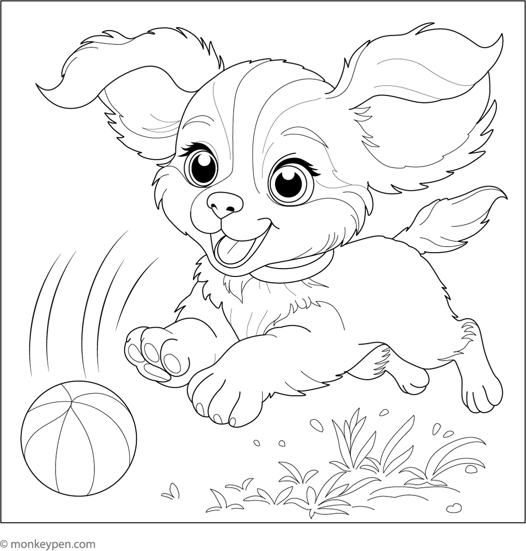 Puppy Playing with Ball – Cute and Fun Coloring Page for Kids