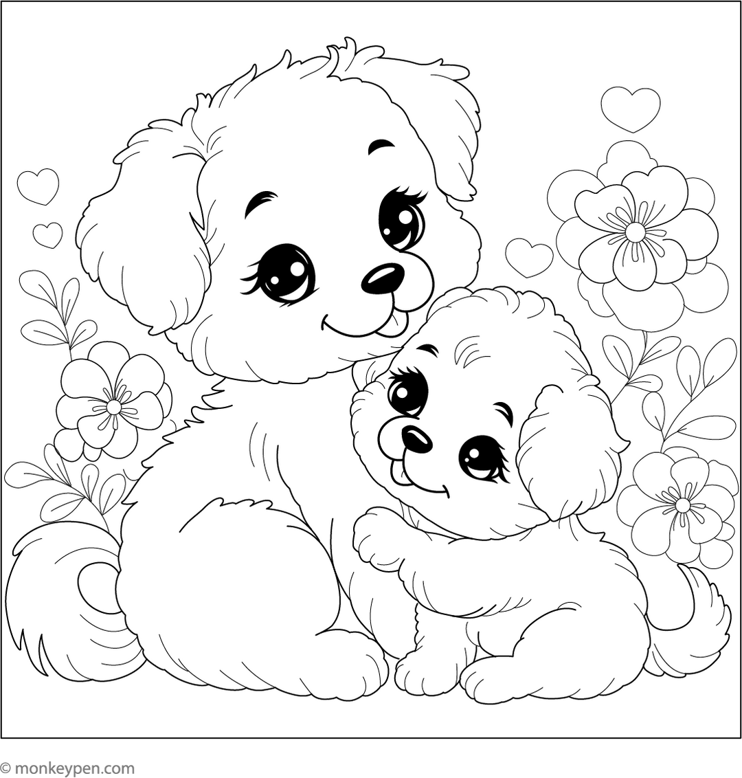 Cute Adorable Puppies Coloring Page – Free PDF for Kids Fun