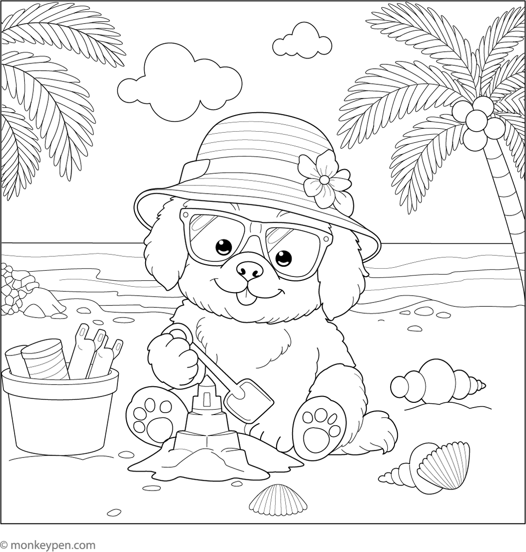 Puppy Building Sand Castle Coloring Sheet- Free PDF for Kids
