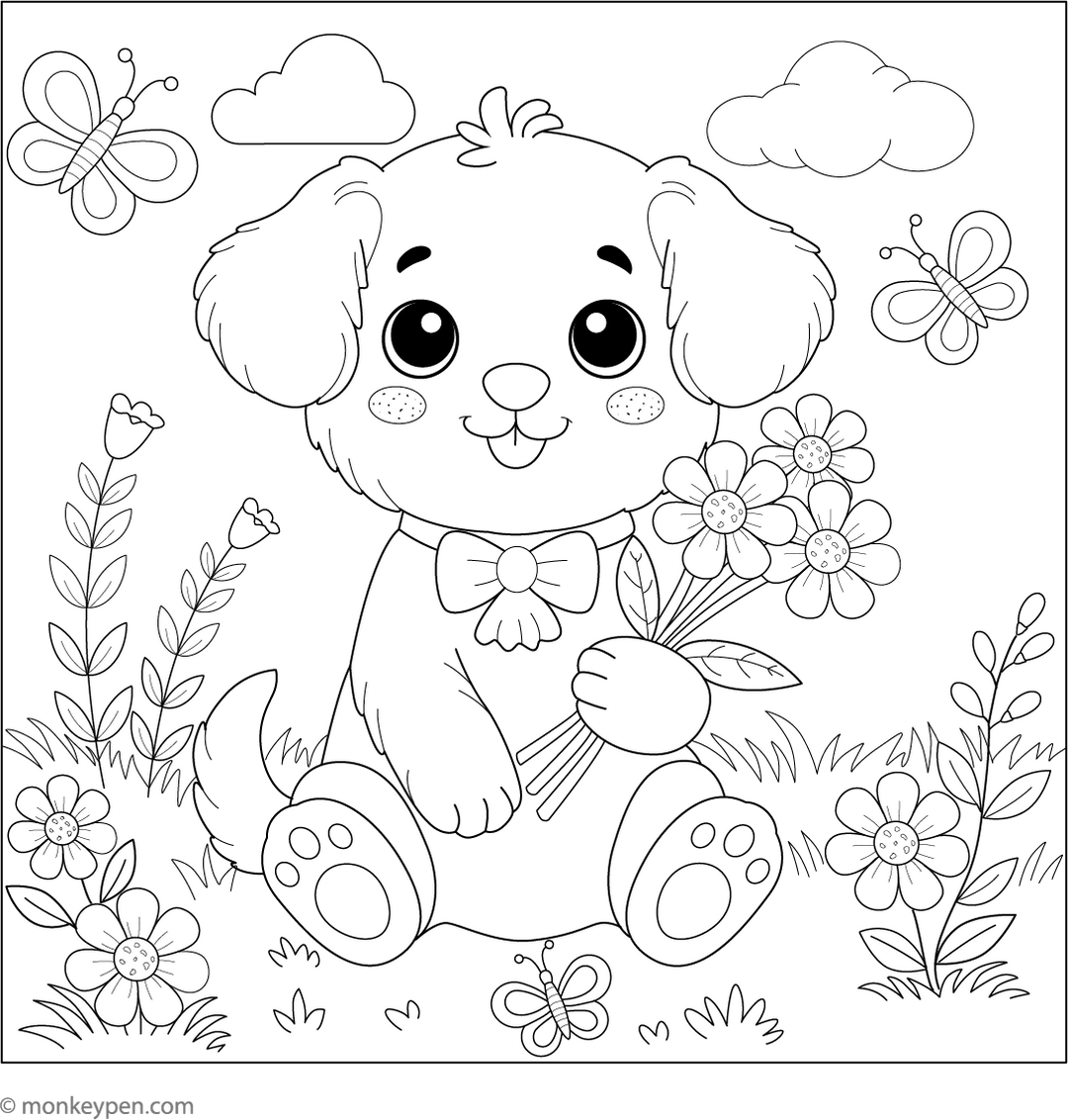 Free Puppy with Flower Coloring Page – Printable for Kids