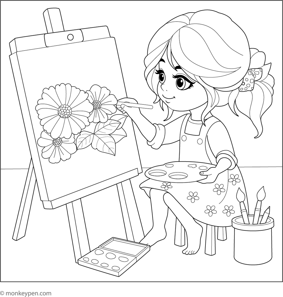 Free Printable Child Painting on Canvas Coloring Page