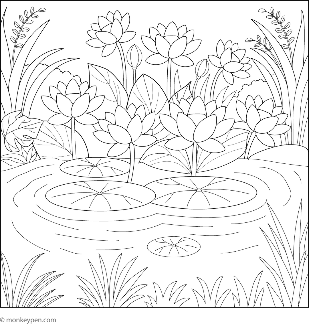Lotus Pond Coloring Page – Free Printable PDF for Kids Fun