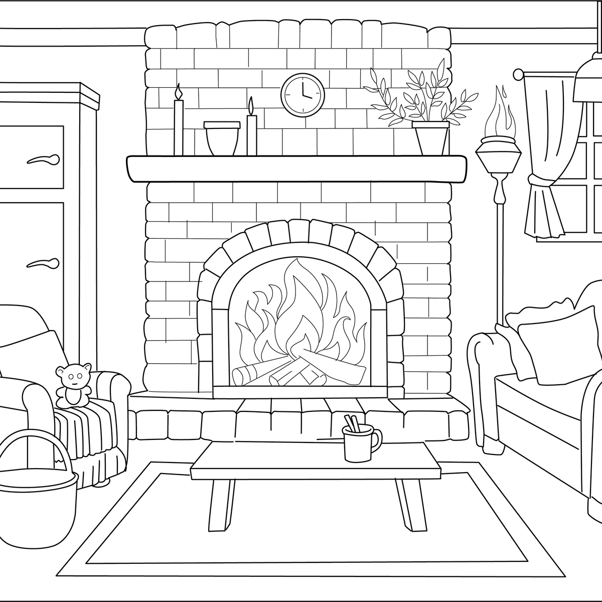 Fireplace Coloring Page – Free Printable PDF for Kids