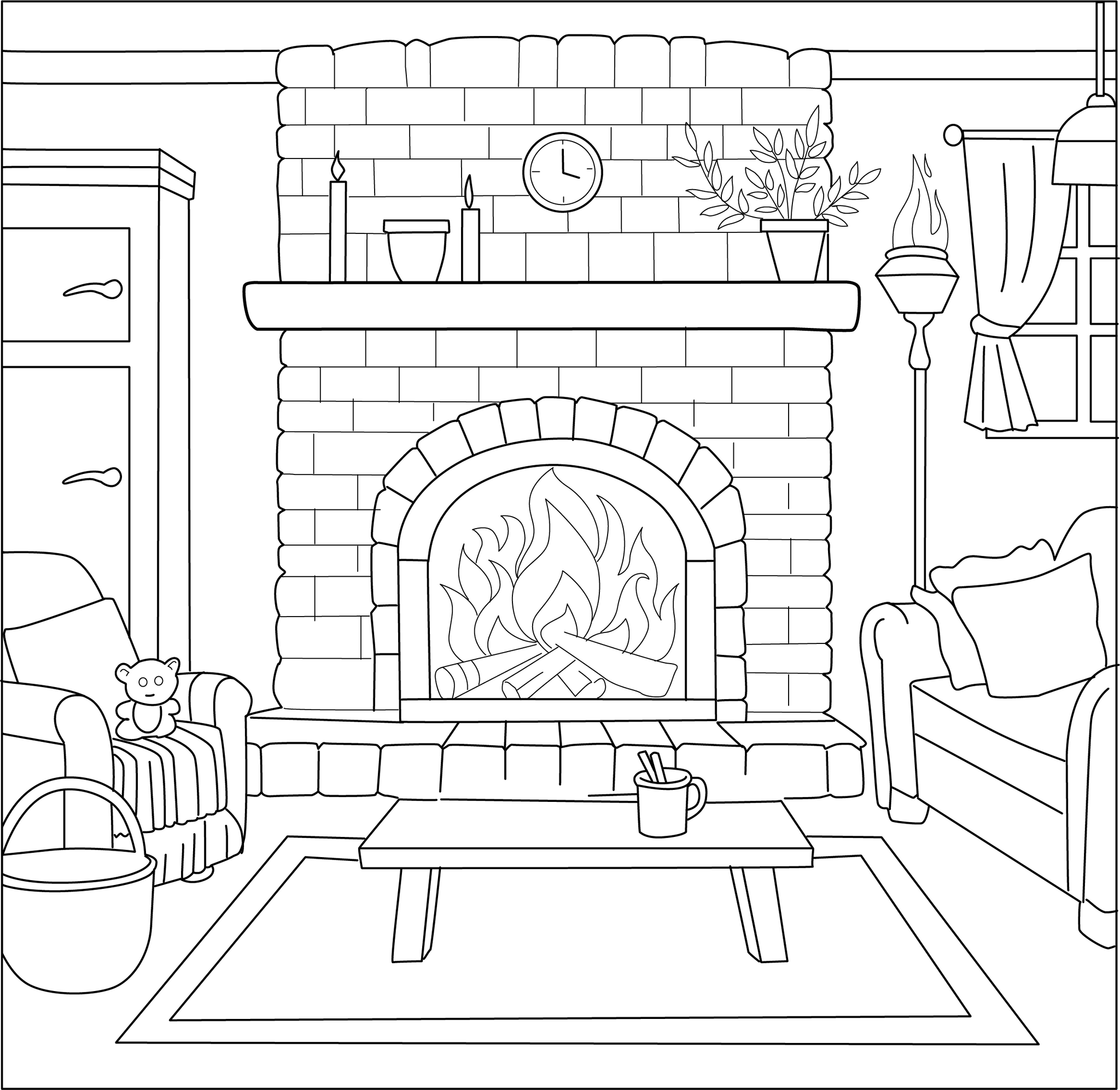 Fireplace Coloring Page – Free Printable PDF for Kids