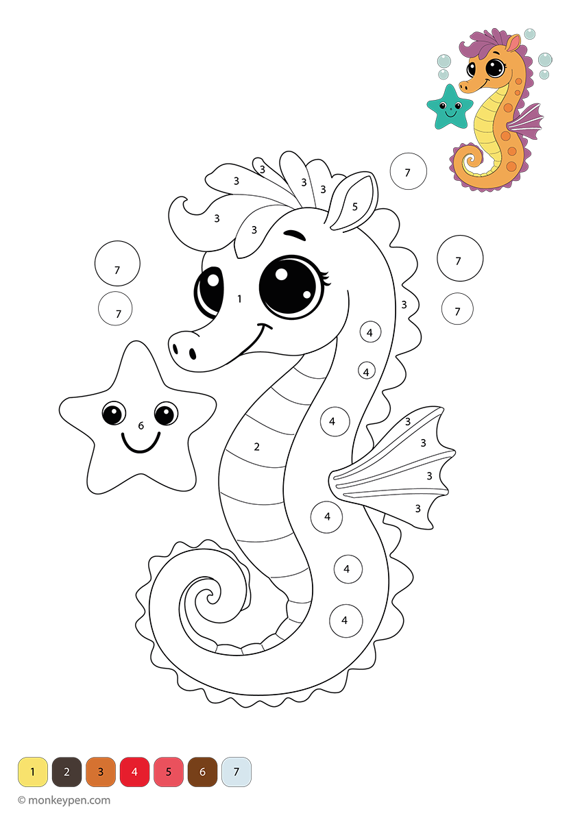 Free Seahorse and Starfish Color by Number PDF
