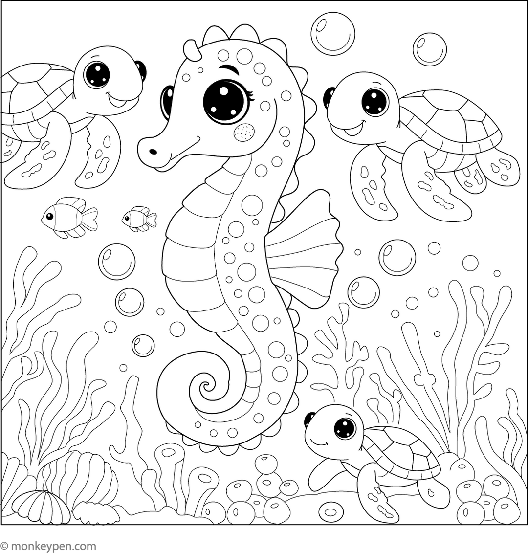 Seahorse and Sea Turtles Coloring Page – Printable Fun for Kids