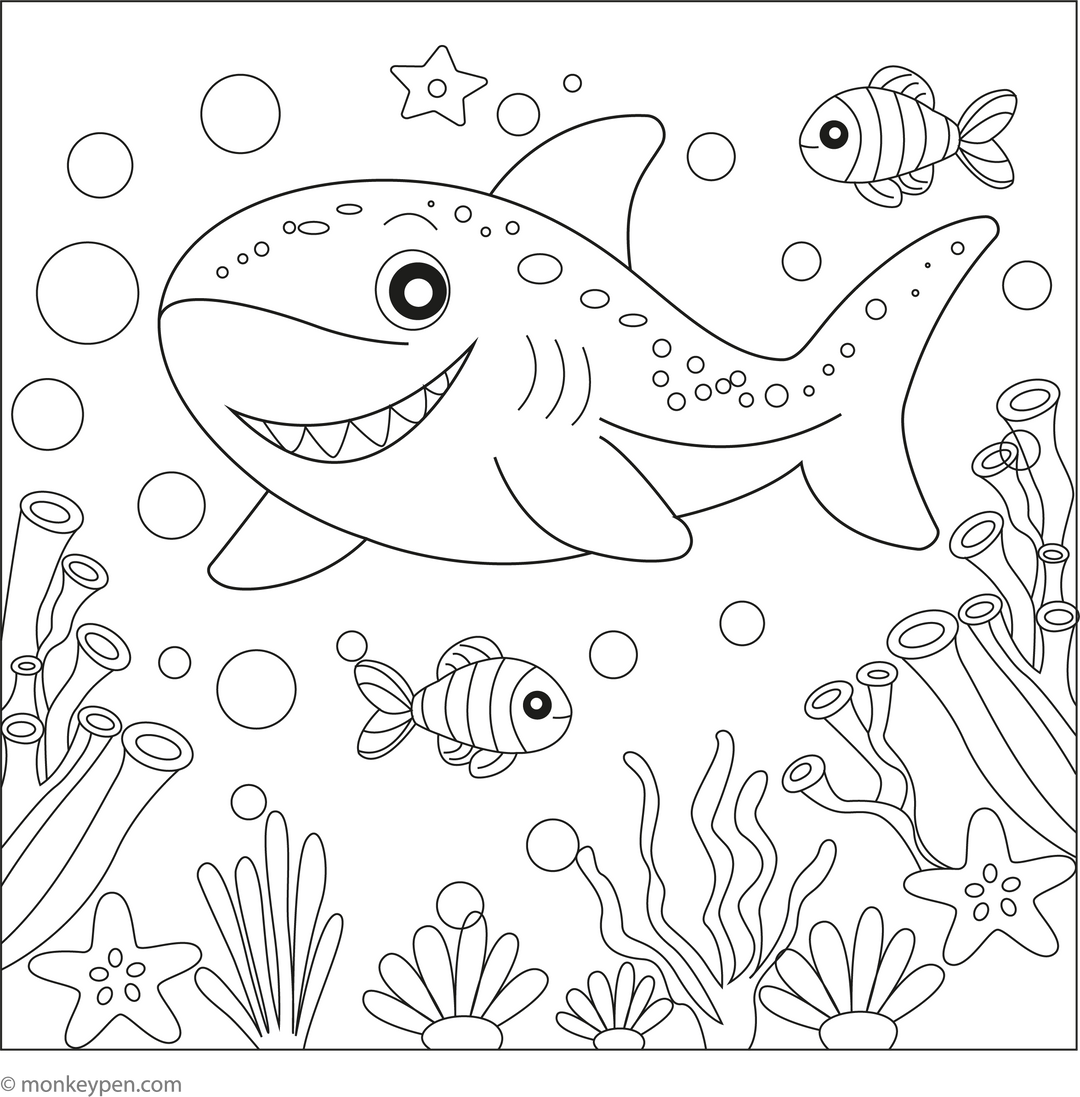 Shark in Coral Reef Coloring Page – Printable PDF for Kids