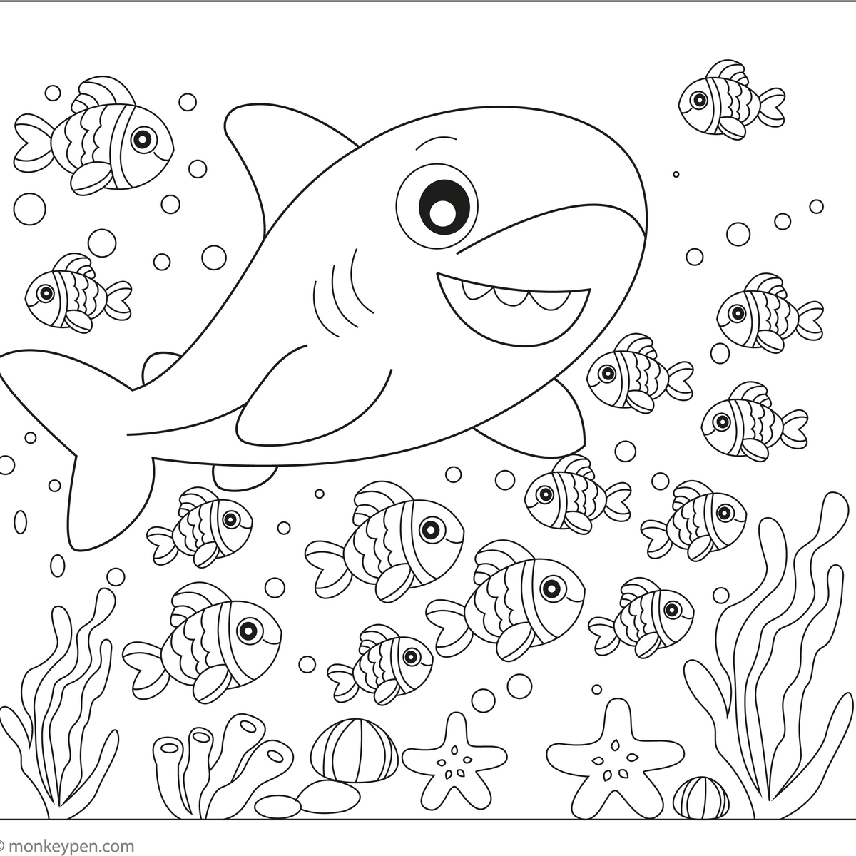 Shark and a School of Fish Coloring Page – Free PDF for Kids