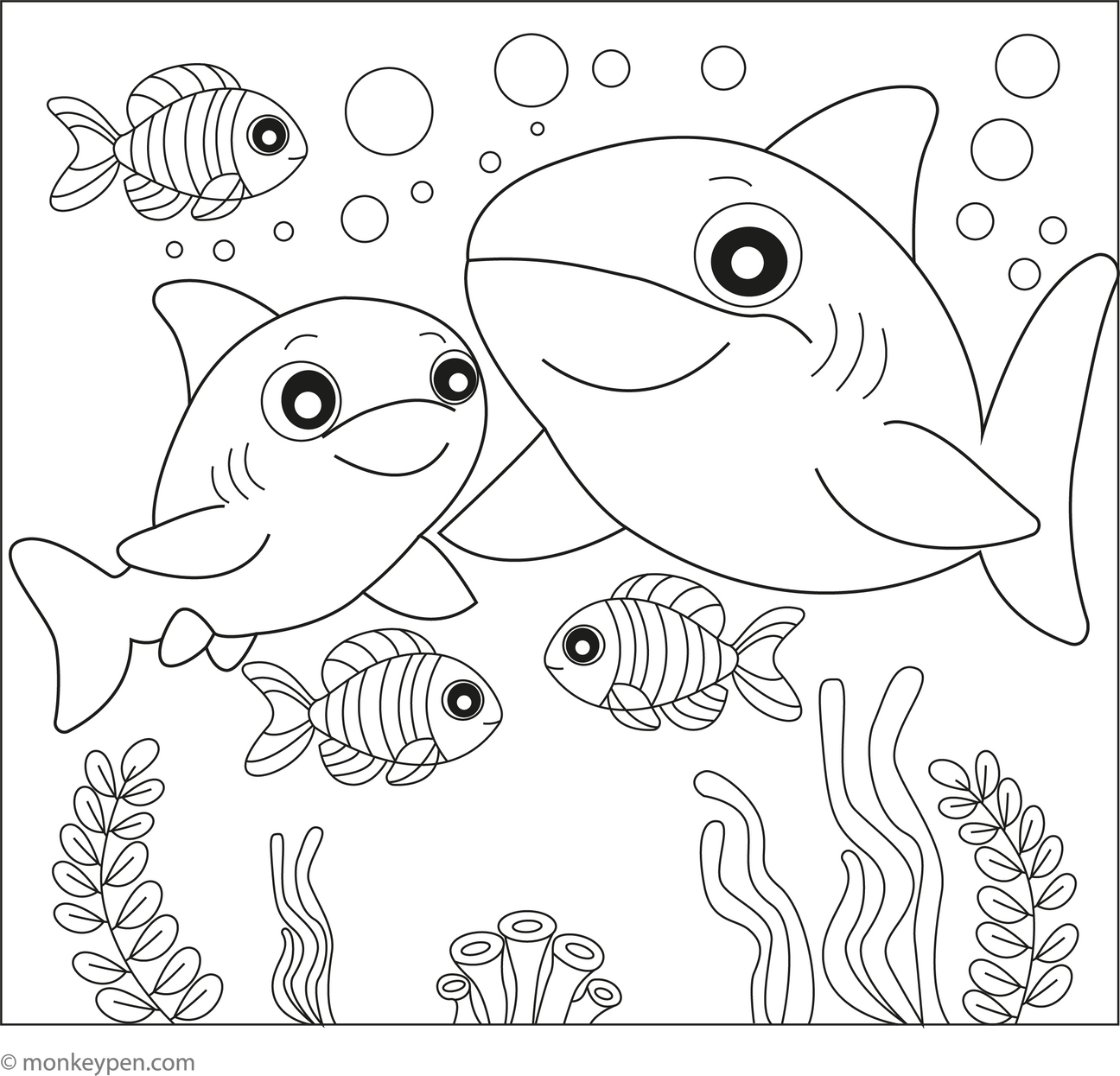 Shark Family Coloring Page – Free Printable PDF for Kids