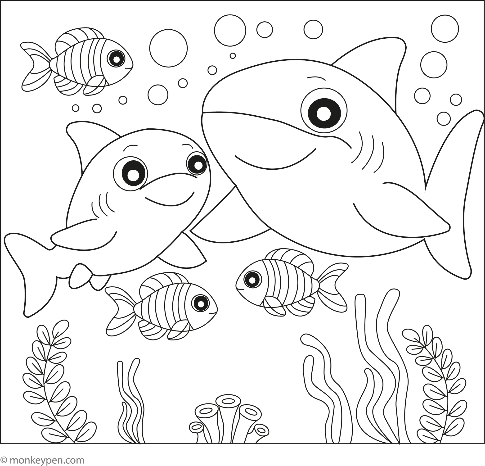 Shark Family Coloring Page – Free Printable PDF for Kids