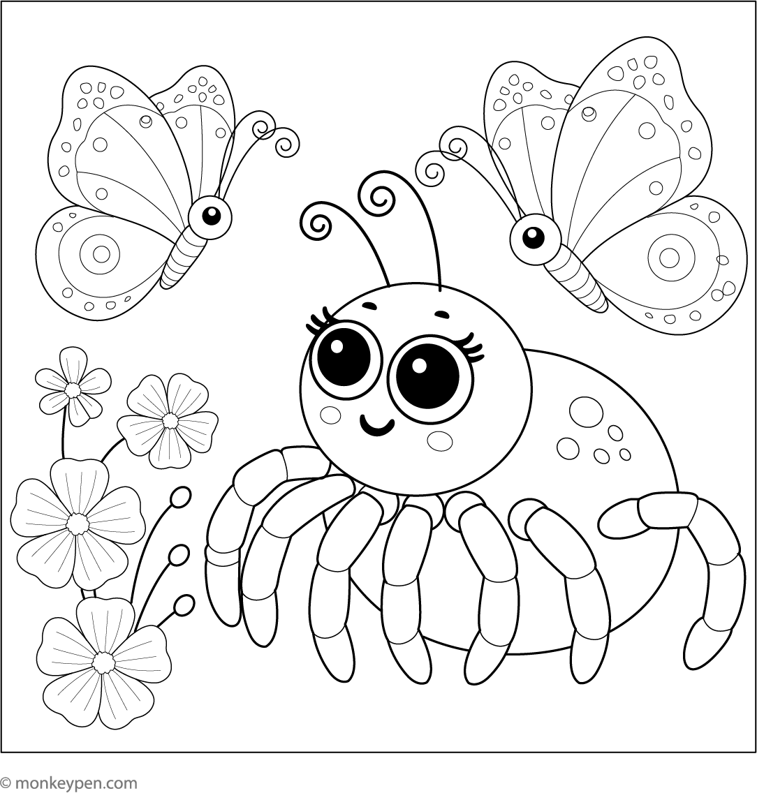 Spider and a Butterfly - Free Printable Coloring Page PDF