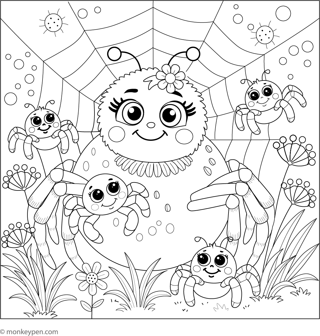 Fun Mama Spider and Baby Spiders Coloring Page – Free PDF