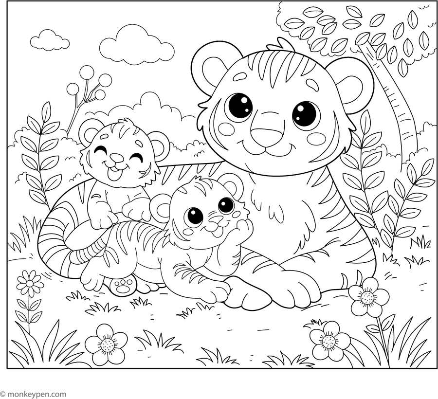 Tiger with Cubs Coloring Pages – Free Printable for Kids