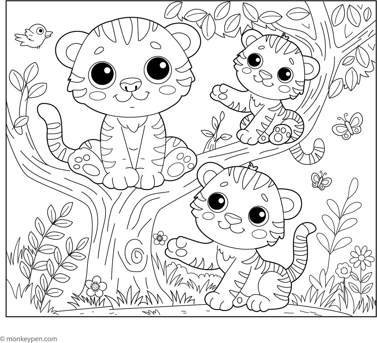 Tiger Cubs in a Tree – Cute Wildlife Coloring Page for Kids