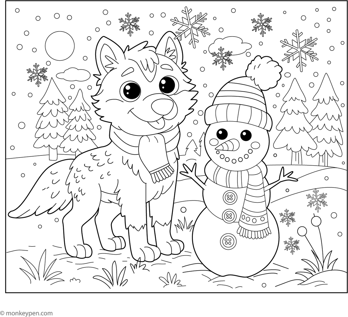 Wolf and a Snowman – Free Winter Coloring Page for Kids