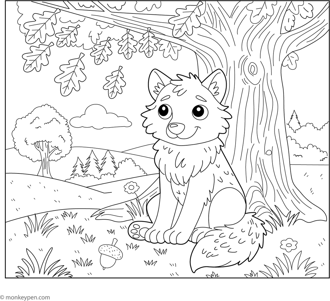 Adorable Wolf & Big Oak Tree – Printable Nature Coloring Fun