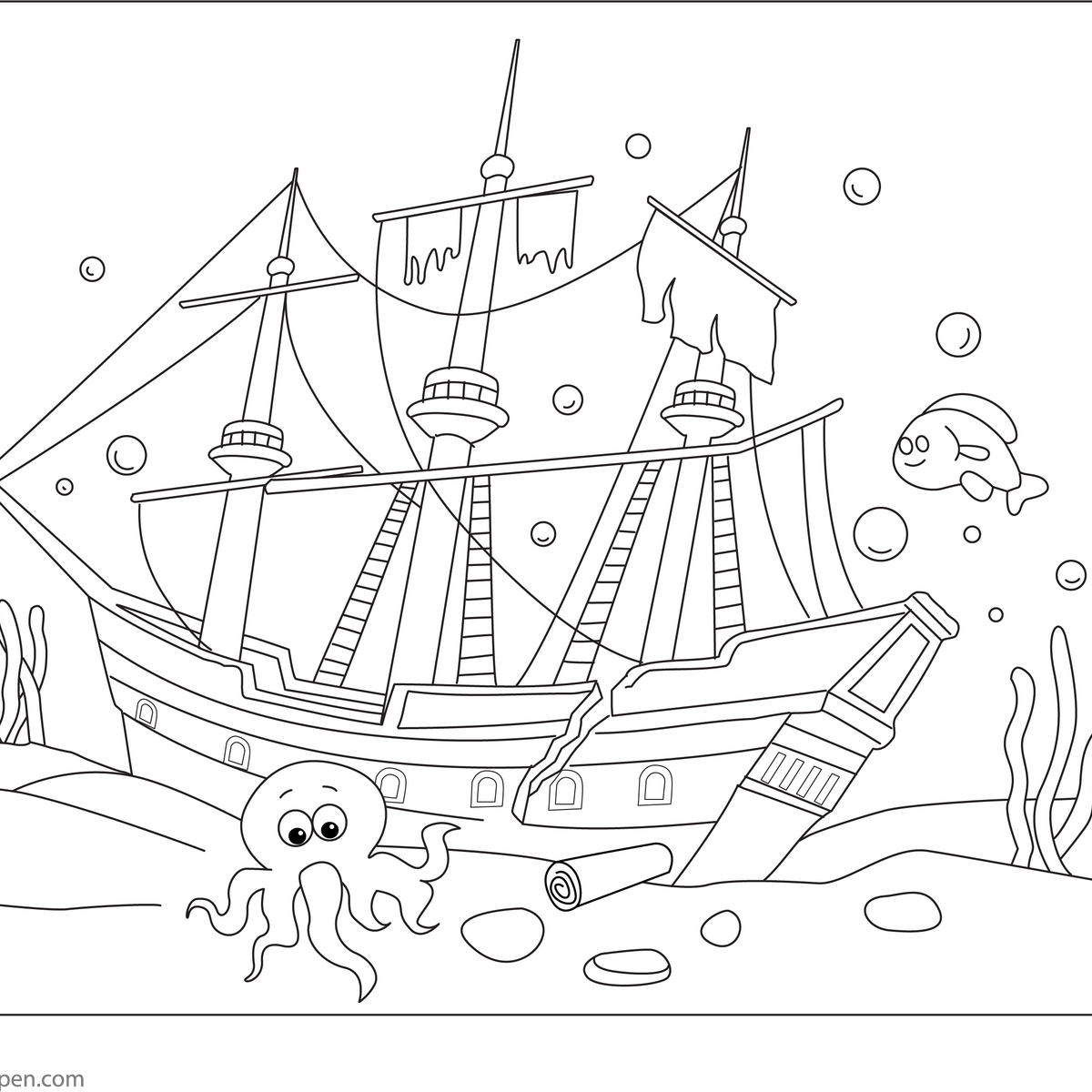 Shipwreck Free Printable Coloring Page PDF for Kids