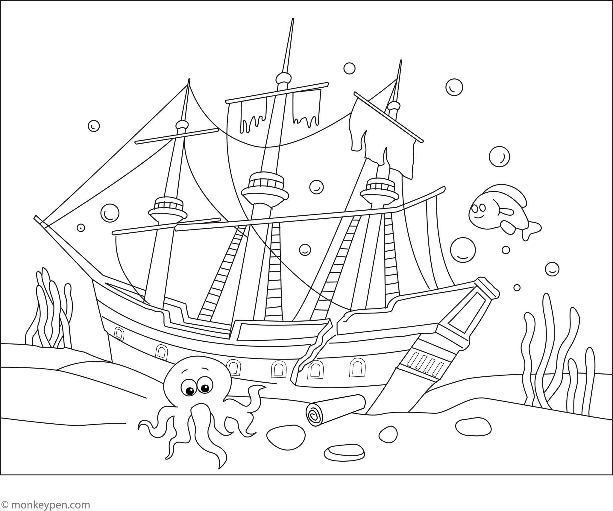 Shipwreck Free Printable Coloring Page PDF for Kids
