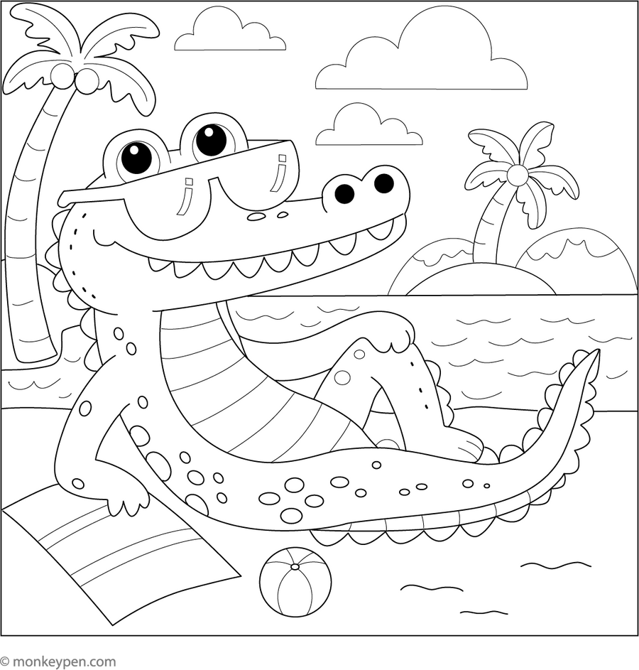 Printable Crocodile with Sunglasses Coloring Page for Kids