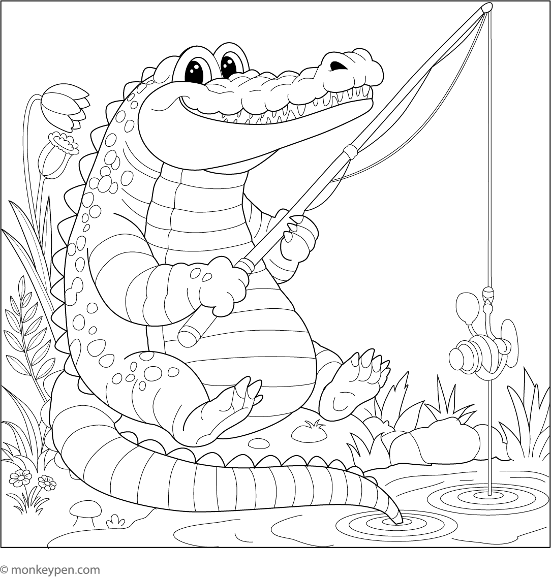Crocodile and a Fishing Rod – Fun and Creative Coloring Page for Kids