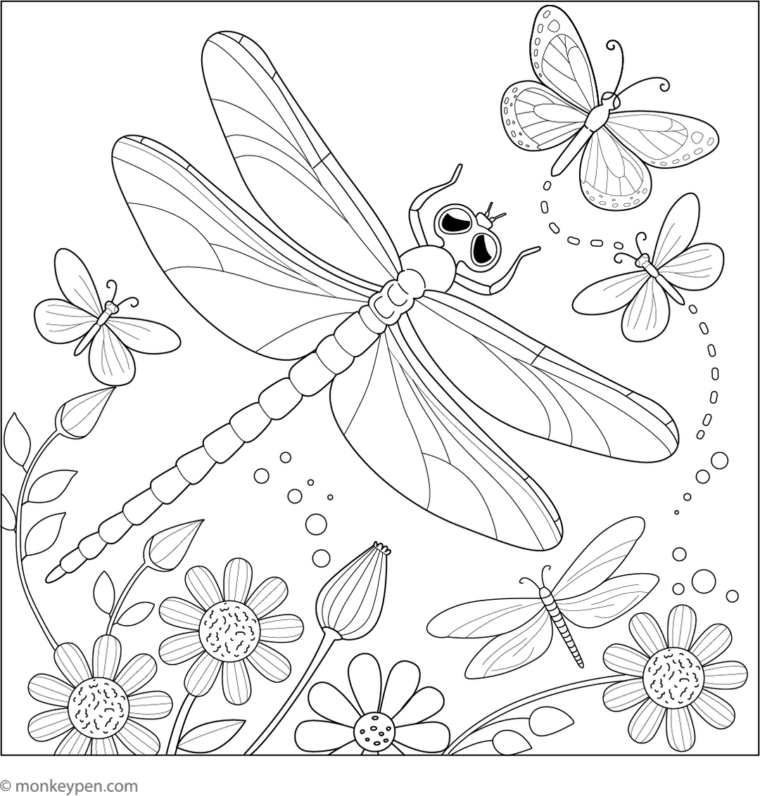 Dragonfly and Butterflies - Free Coloring Page Printable PDF