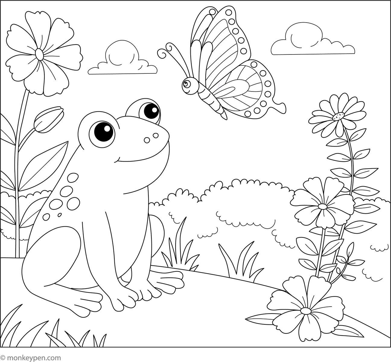 Frog and a Butterfly - Free Printable Coloring Page