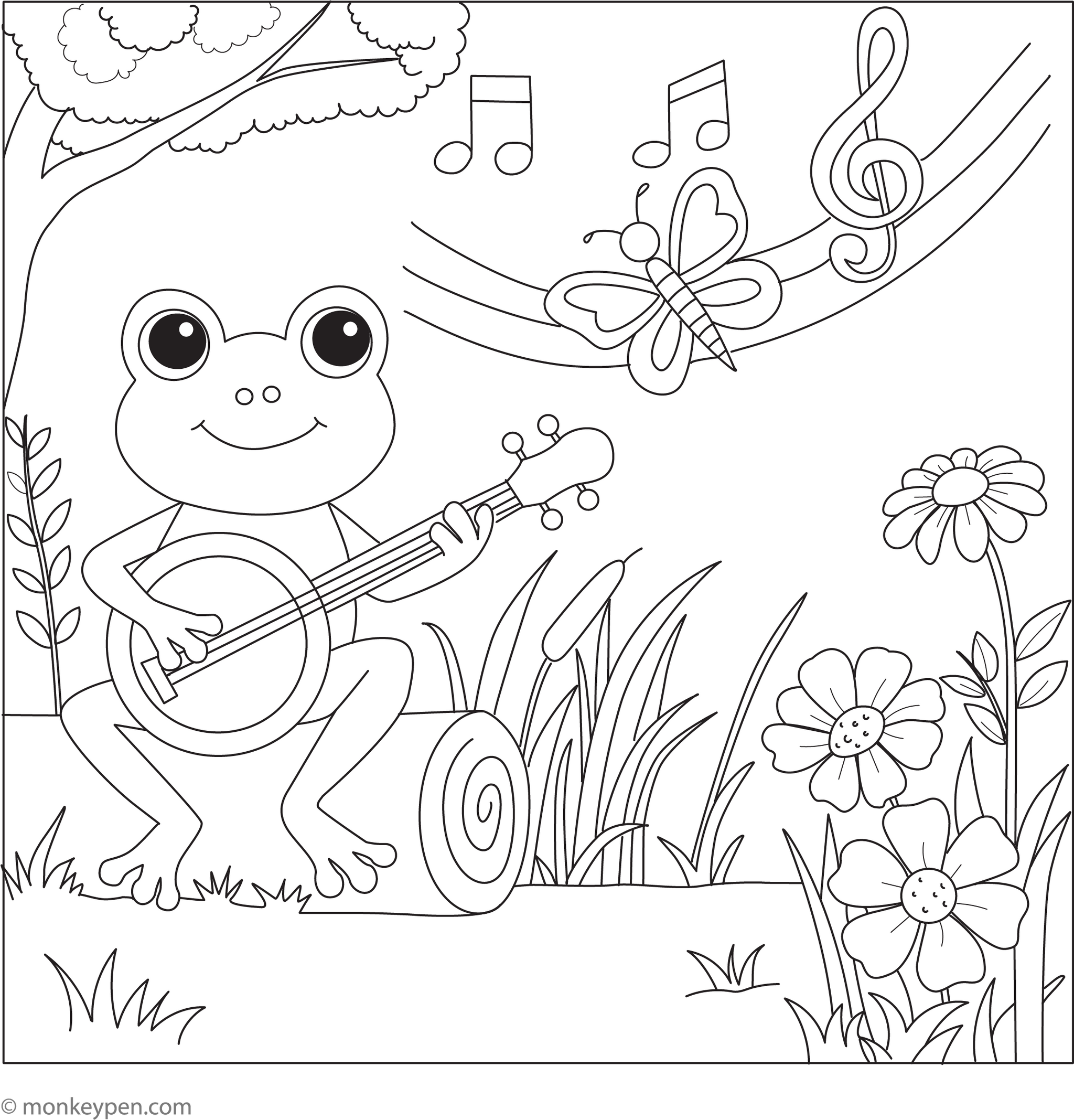 Free Printable Frog Playing a Banjo Coloring Page