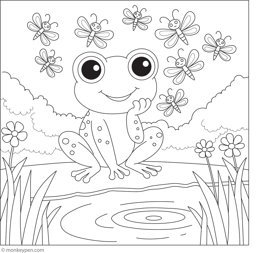 Free Printable Frog and Fireflies Coloring Page