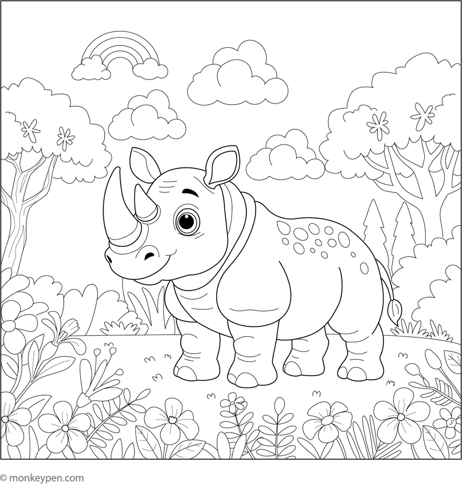 Rhino in a Jungle – Fun and Educational Coloring Page for Kids