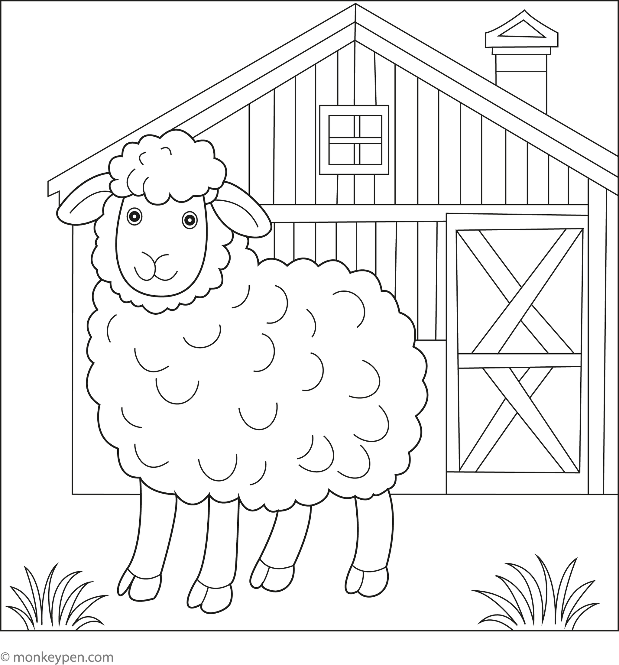 Sheep in a Barn – Cozy Farm Animal Coloring Page for Kids