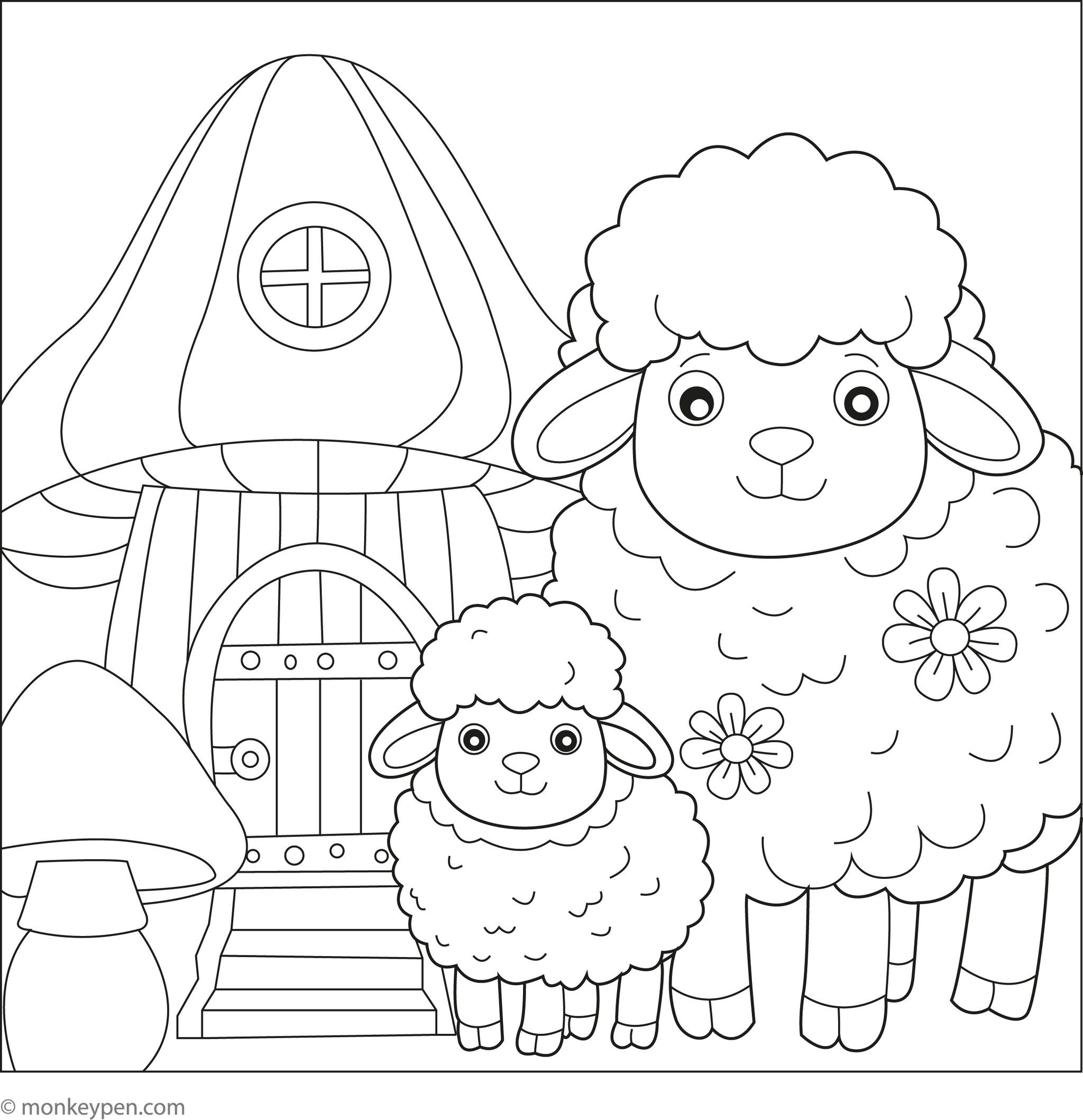 Free Printable Sheep and Mushroom House Coloring Page