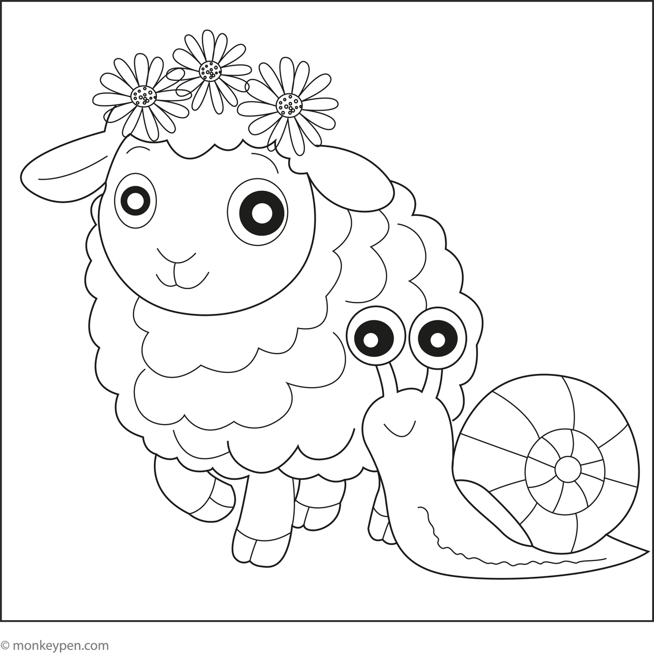 Sheep with Snail Friend Coloring Page – PDF for Kids