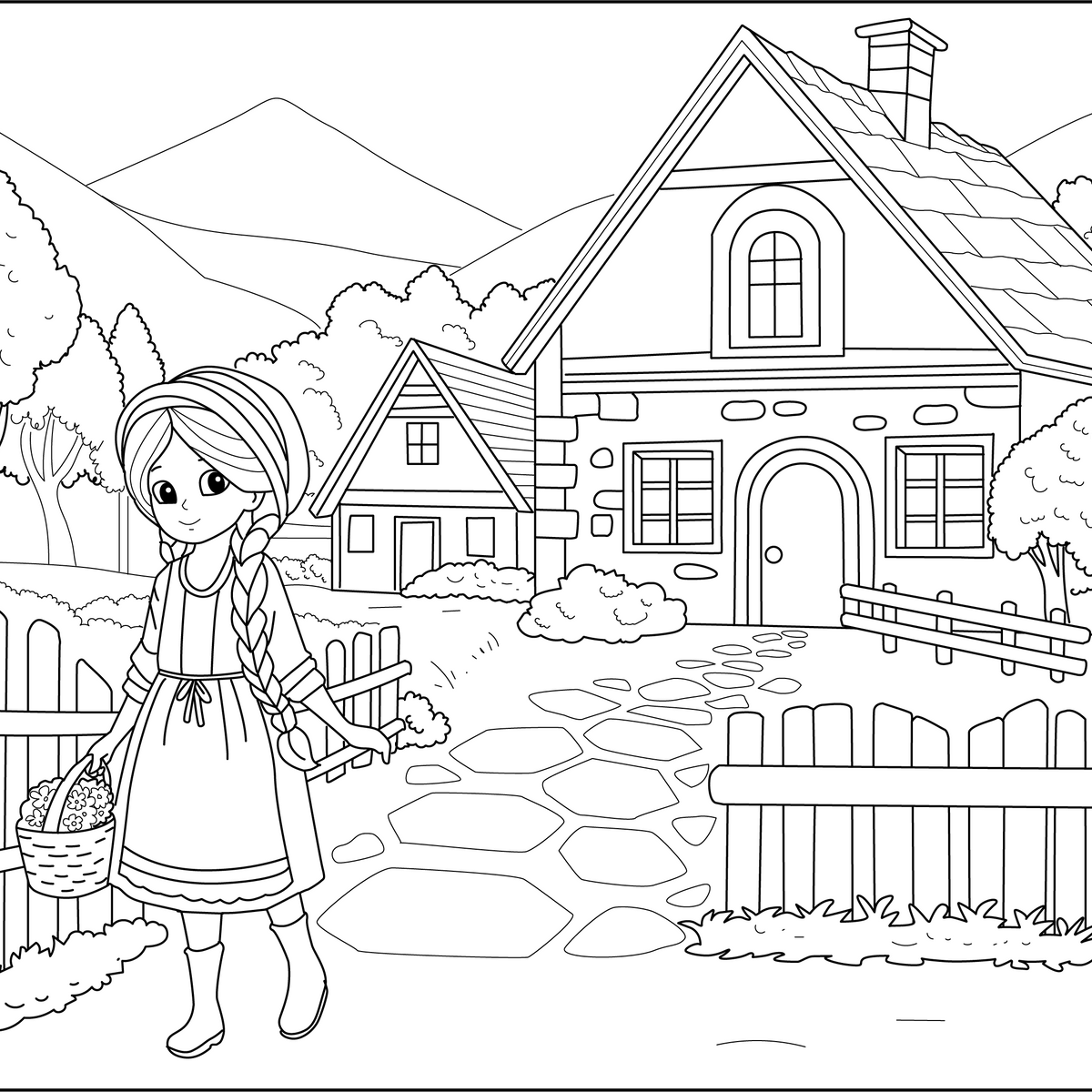 Girl At Cottage Coloring Page - Free Coloring Page Printable