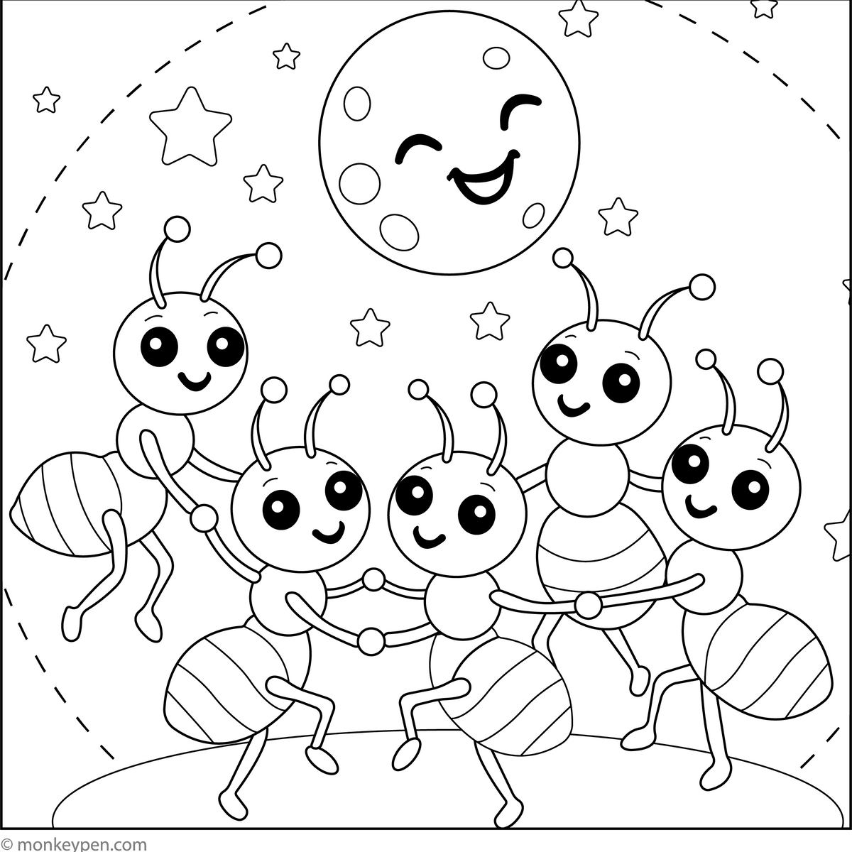 Ants Dancing Under the Moon | Free Coloring Pages
