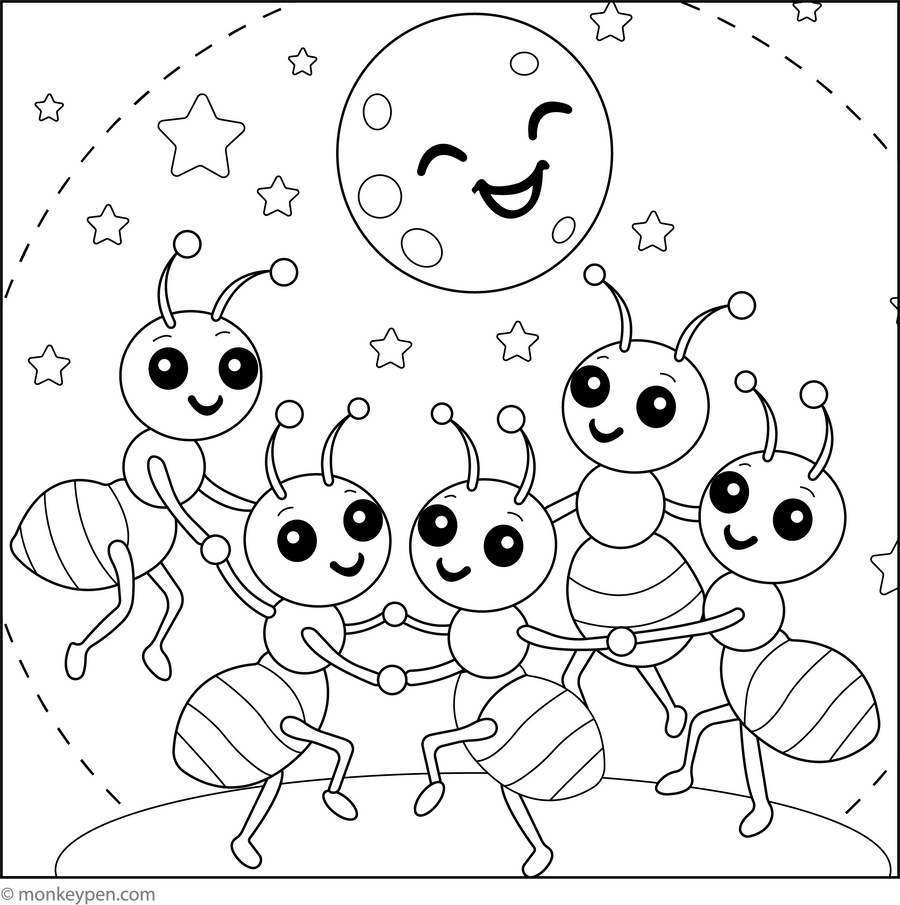 Ants Dancing Under the Moon | Free Printable Coloring Pages