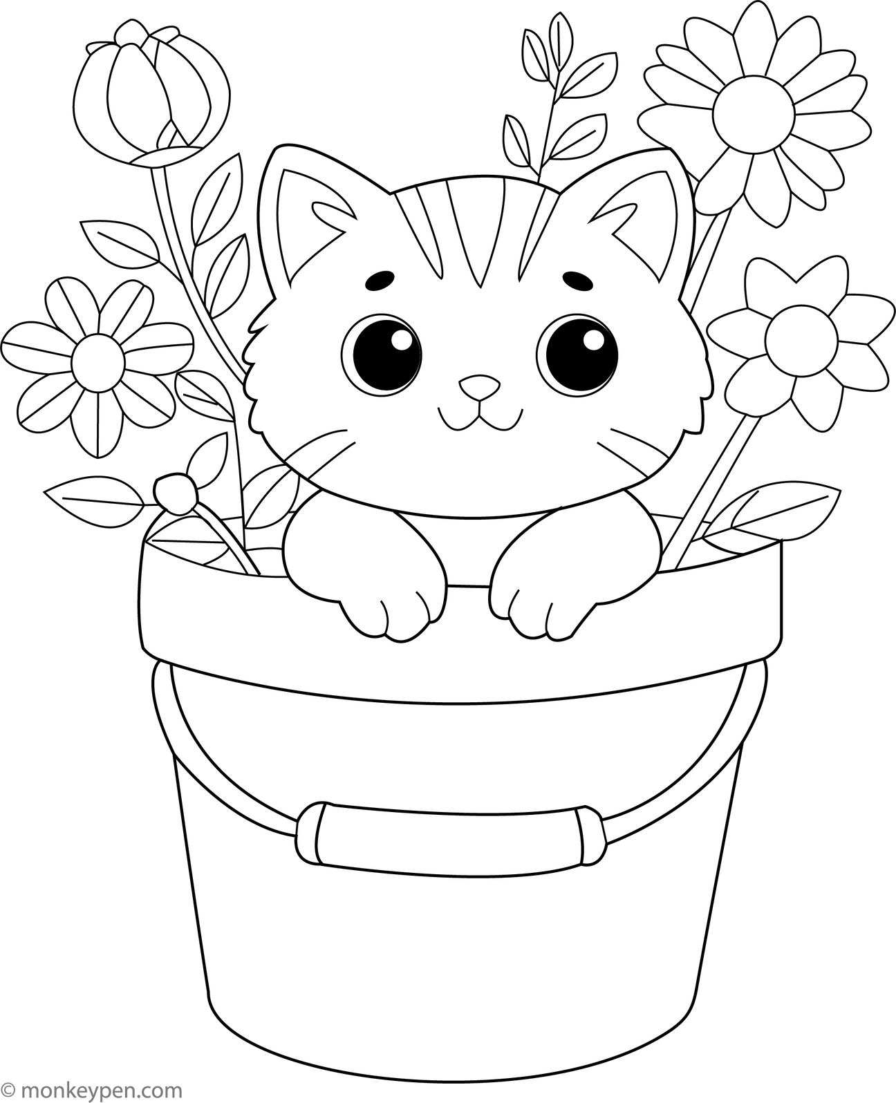 Kitten in the Flower Pot | Free Coloring Page Printable PDF