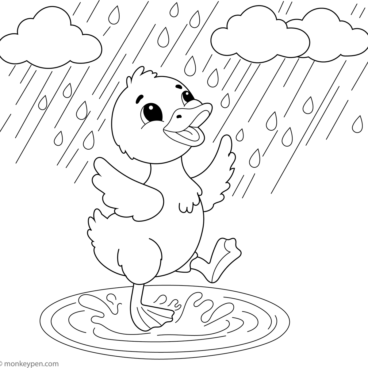 Duck Playing in the Rain | Cute Printable Coloring Page