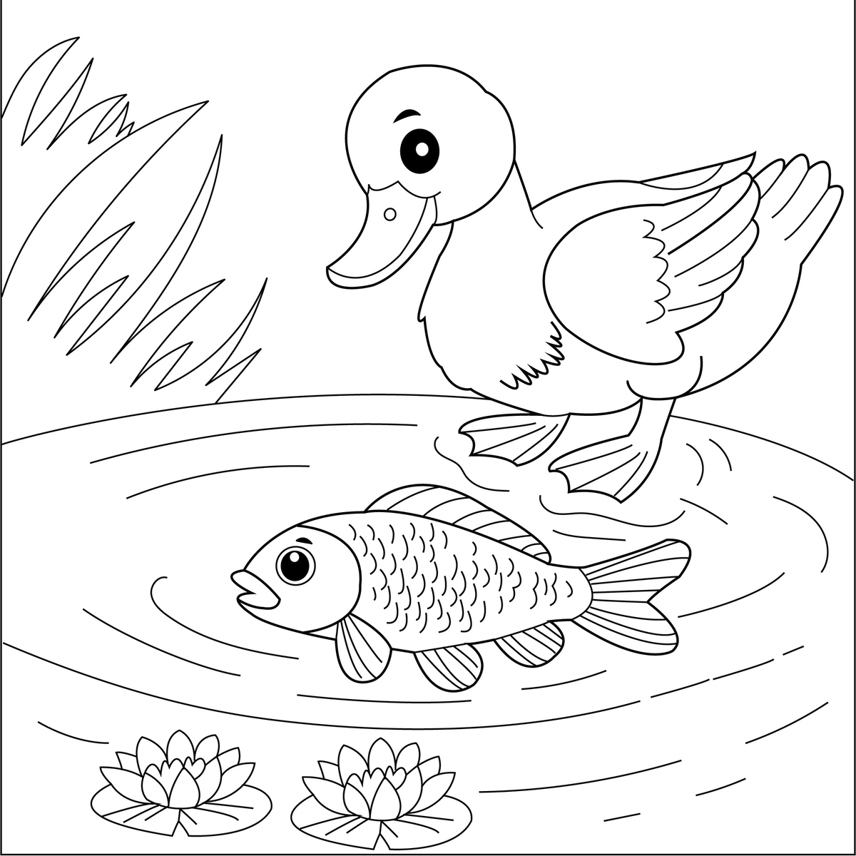 Duck and a Fish Friend | Free Coloring Pages