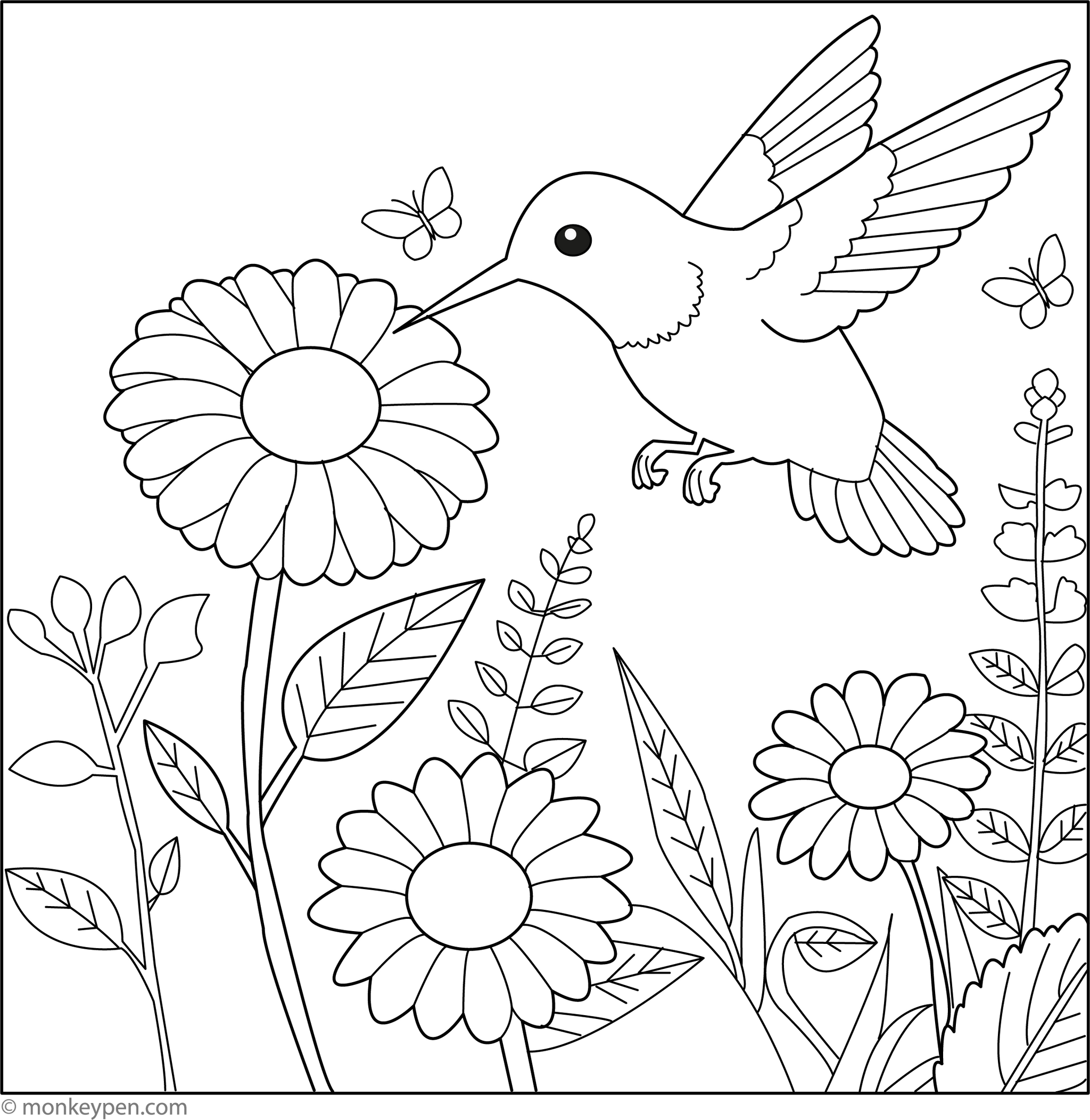 Hummingbird in the Flower Garden | Free Kids Coloring Pages