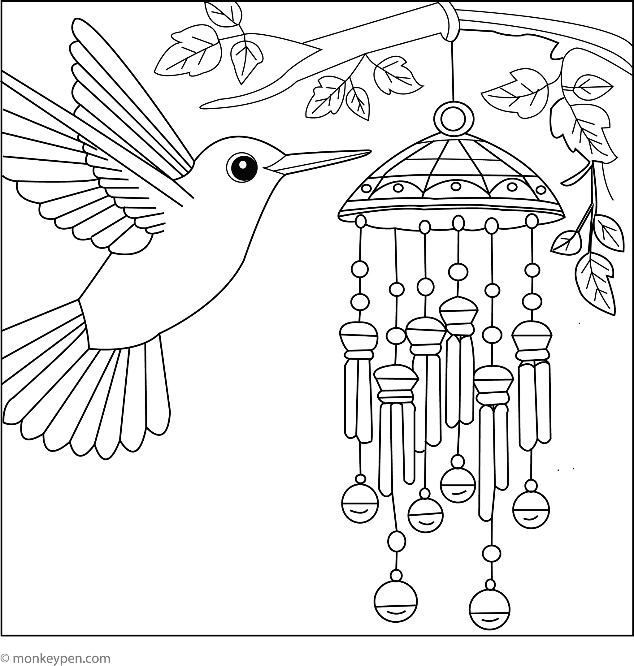 Hummingbird and a Wind Chime | Free Coloring Pages
