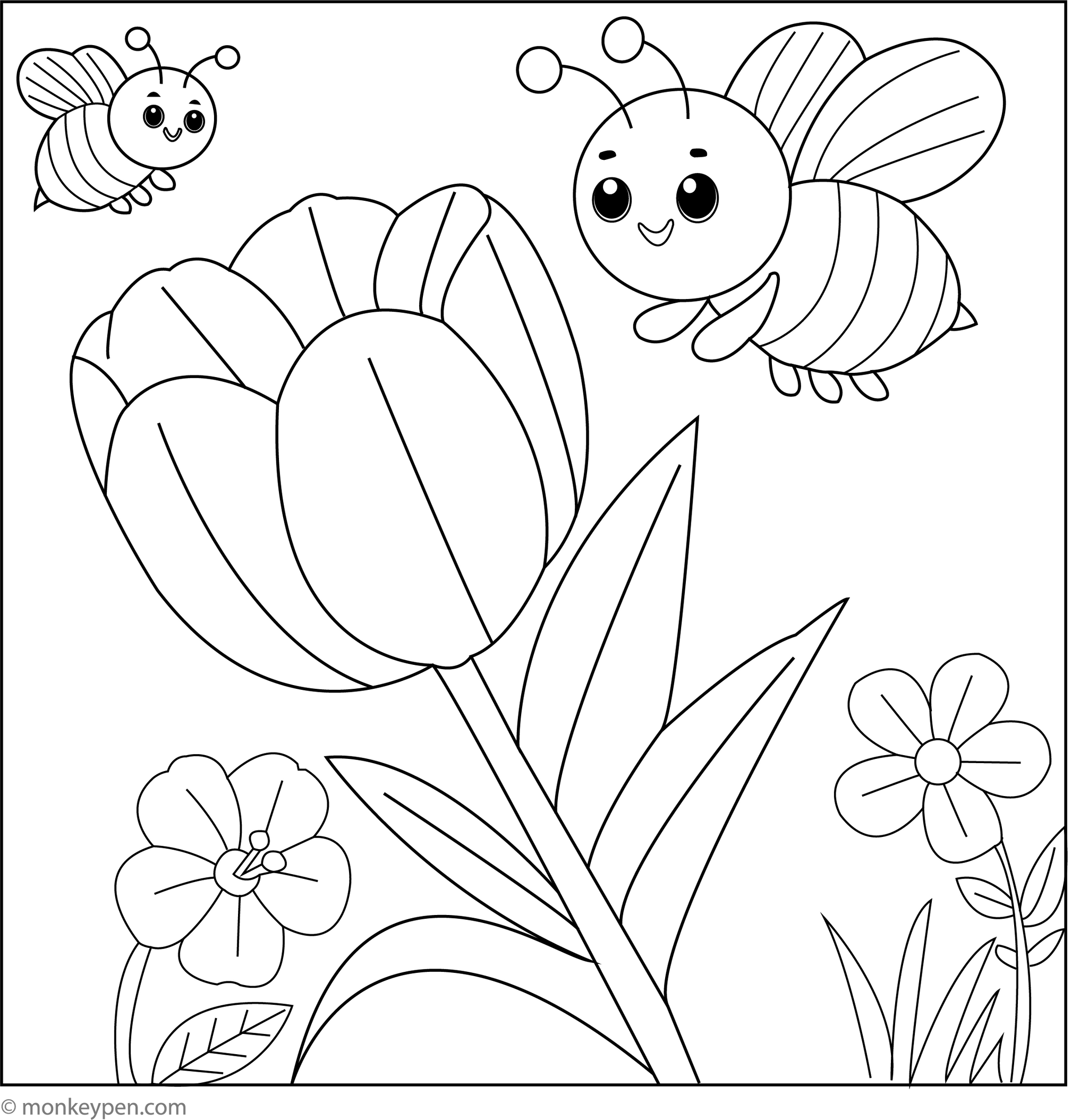 Tulips and Buzzing Bee | Free Printable Coloring Page PDF
