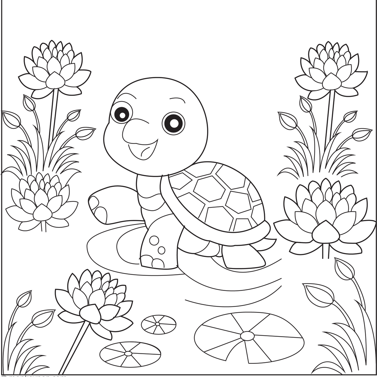 Turtle and the Lotus Pond | Free Coloring Pages