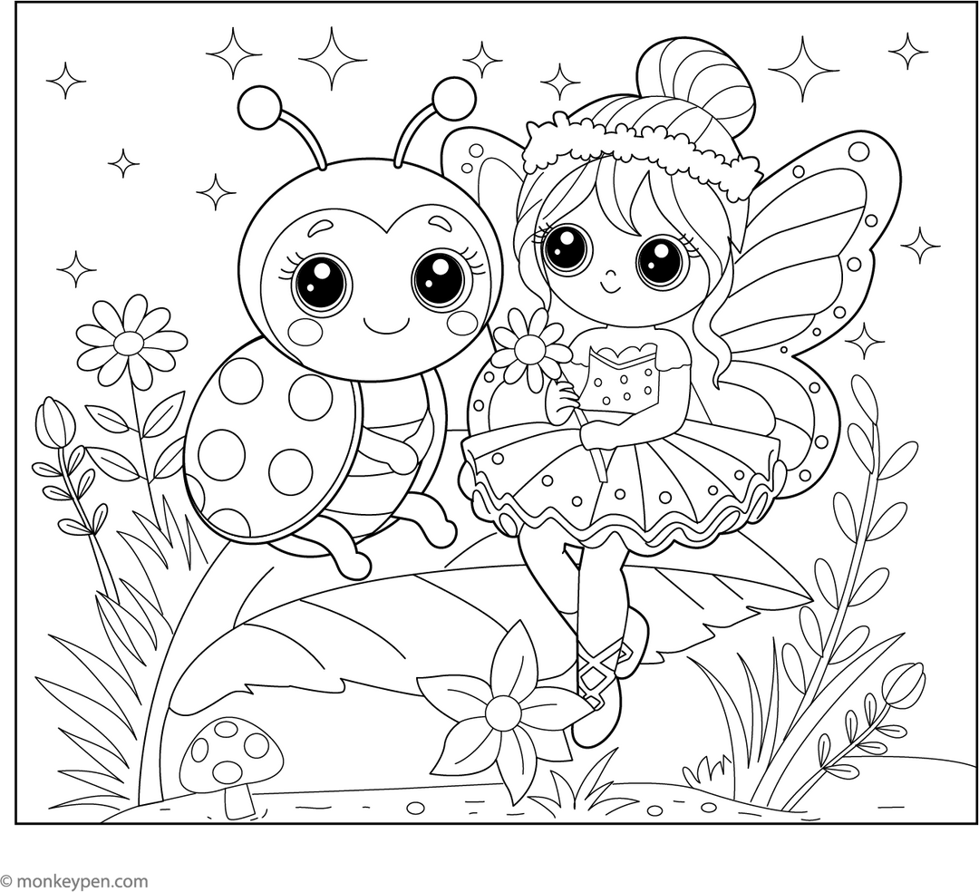 Ladybug and Fairy | Free Coloring Page