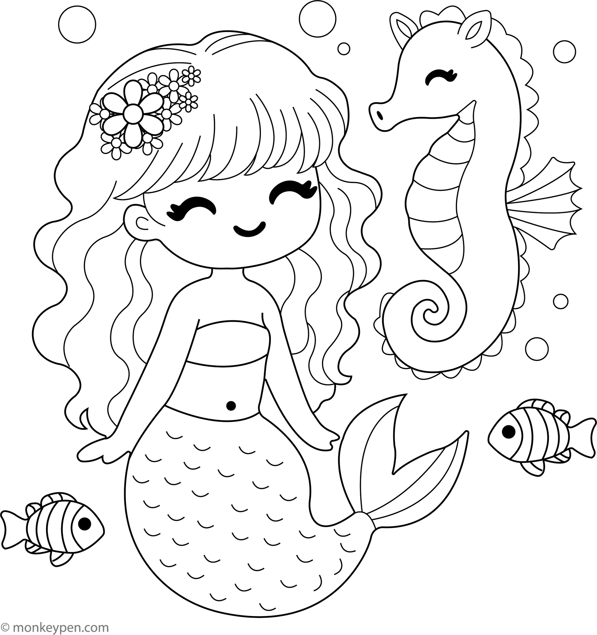 Mermaid and Seahorse Friends | Free Coloring Page for Kids
